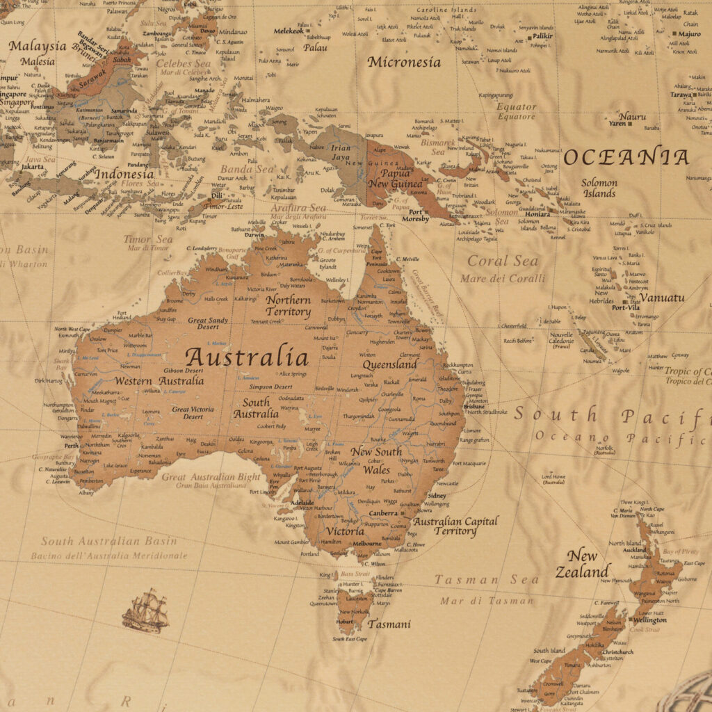 Ancient geographic map of Oceania with names of the countries | Hello Kids